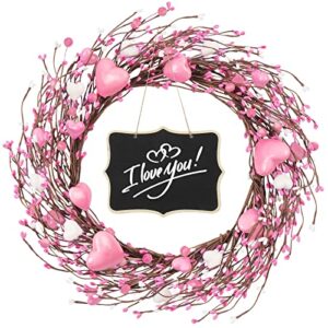 artflower pink pip berry wreath heart shaped artificial decoration rustic twig fake garland handmade festival gifts for valentine's day wedding garden door wall hanging home indoor office decor