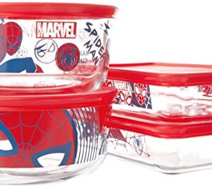 Pyrex 8-Pc Glass Food Storage Container Set, Includes (2) 4-Cup Round Glass Containers, (2) 3-Cup Rectangle Glass Containers, Meal Prep Containers with Lid, Disney's Marvel's Spider-Man