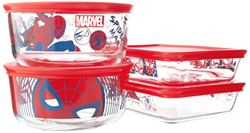 Pyrex 8-Pc Glass Food Storage Container Set, Includes (2) 4-Cup Round Glass Containers, (2) 3-Cup Rectangle Glass Containers, Meal Prep Containers with Lid, Disney's Marvel's Spider-Man