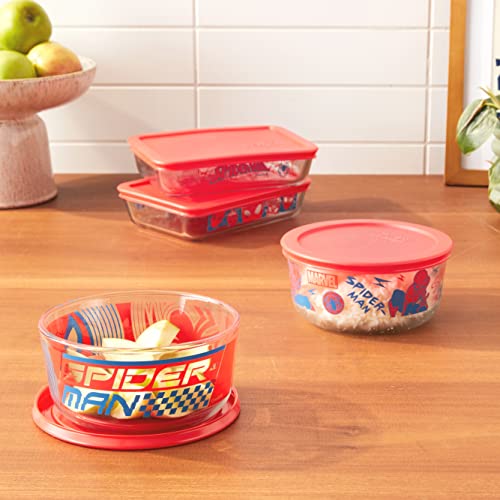 Pyrex 8-Pc Glass Food Storage Container Set, Includes (2) 4-Cup Round Glass Containers, (2) 3-Cup Rectangle Glass Containers, Meal Prep Containers with Lid, Disney's Marvel's Spider-Man