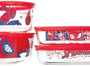 Pyrex 8-Pc Glass Food Storage Container Set, Includes (2) 4-Cup Round Glass Containers, (2) 3-Cup Rectangle Glass Containers, Meal Prep Containers with Lid, Disney's Marvel's Spider-Man