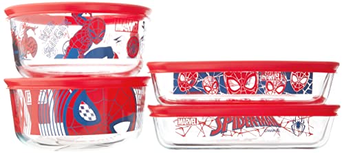 Pyrex 8-Pc Glass Food Storage Container Set, Includes (2) 4-Cup Round Glass Containers, (2) 3-Cup Rectangle Glass Containers, Meal Prep Containers with Lid, Disney's Marvel's Spider-Man