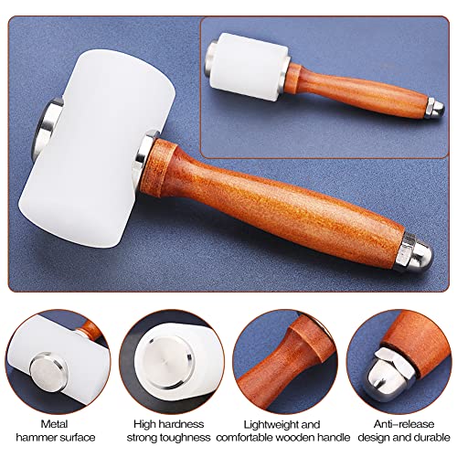 Leather Carving Hammer 2 Pieces, Leathercraft Mallet, Nylon Wood Handle Hammer, Leather Carving Hammer Mallet for DIY Stamping Sew Leather Cowhide Tool(1 T hammer + 1 vertical hammer)