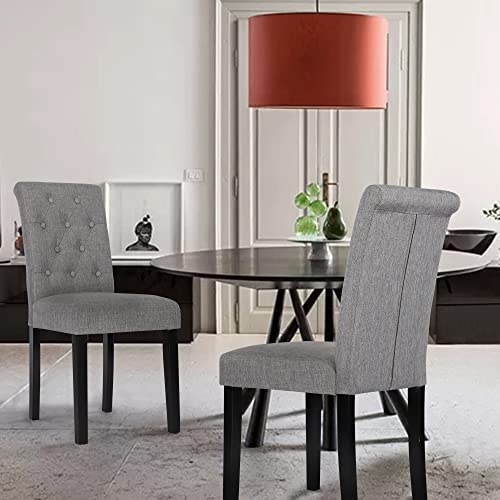 DAGONHIL Dining Chairs Set of 6 for Dining Room, Button Tufted Kitchen Chairs with Black Solid Wood Legs (Gray)