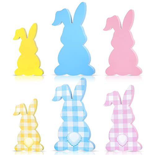 3 Pieces Easter Decor Bunny Tiered Tray Decoration Table Wooden Sign Buffalo Plaid Spring Rabbit Shape Wood Tabletop Decoration for Easter Party Desk (Vivid Style)