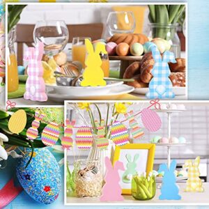 3 Pieces Easter Decor Bunny Tiered Tray Decoration Table Wooden Sign Buffalo Plaid Spring Rabbit Shape Wood Tabletop Decoration for Easter Party Desk (Vivid Style)