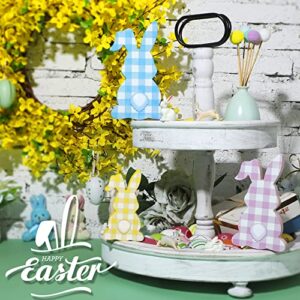 3 Pieces Easter Decor Bunny Tiered Tray Decoration Table Wooden Sign Buffalo Plaid Spring Rabbit Shape Wood Tabletop Decoration for Easter Party Desk (Vivid Style)