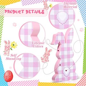 3 Pieces Easter Decor Bunny Tiered Tray Decoration Table Wooden Sign Buffalo Plaid Spring Rabbit Shape Wood Tabletop Decoration for Easter Party Desk (Vivid Style)