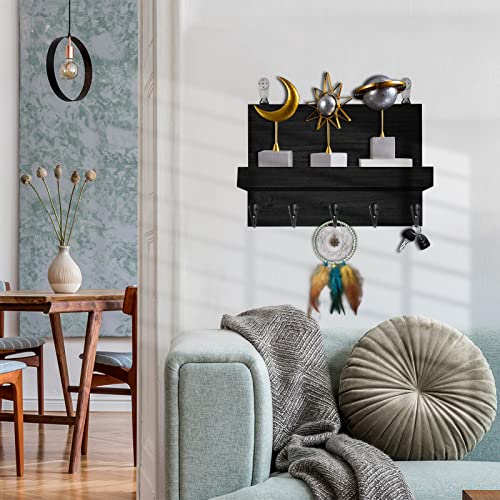 【Upgraded】Key Holder, Thick Back Panel and Widened Shelf - 5 Heavy Metal Hooks, 11.75x3.13x7 in Decorative Key and Mail Holder for Walls, Corridor Kitchen Farmhouse Decoration Key Rack, Black (Black)