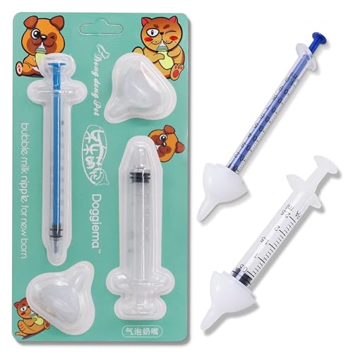 Bubble milk bowl Silicone Feeding Nipple and Syringes for Newborn Kittens, Puppies, Rabbits, Small Animals Dongdong pet (2 Mini White Nipple+2 Syringes)