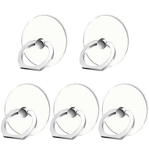 Kinizuxi Cell Phone Ring Holder Stand 5 Pack Silver, Transparent Phone Ring Holder Grip Finger Kickstand, 360° Rotation Phone Ring for Phone Cases