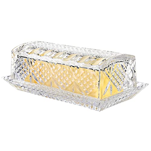 MyGift Clear Covered Butter Dish Glass Butter Keeper with Vintage Embossed Diamond Pattern Design