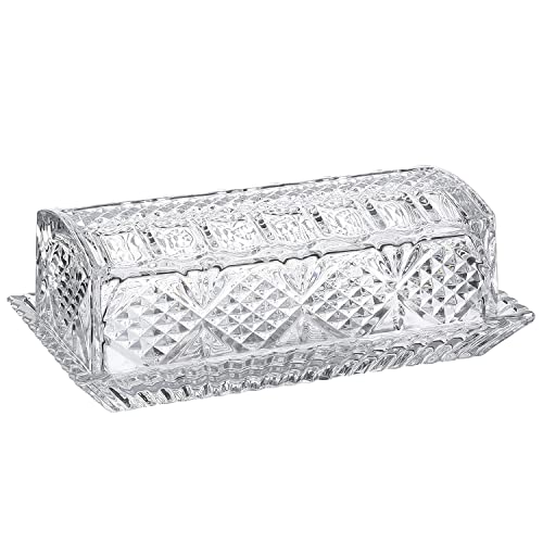 MyGift Clear Covered Butter Dish Glass Butter Keeper with Vintage Embossed Diamond Pattern Design