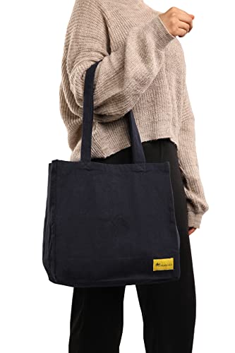 JOORY Premium Cotton Canvas Tote Bag with 6 Internal Pockets – Washable Heavy-Duty Cotton Canvas Bag with Reinforced Stitching Dark Blue