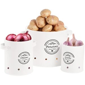 Suwimut Set of 3 Potato Onion Garlic Storage Bin with Lid, Vintage White Farmhouse Metal Potato Keeper Onion Container Set for Kitchen Pantry, Counter Fresh Potato Onion Garlic Holder