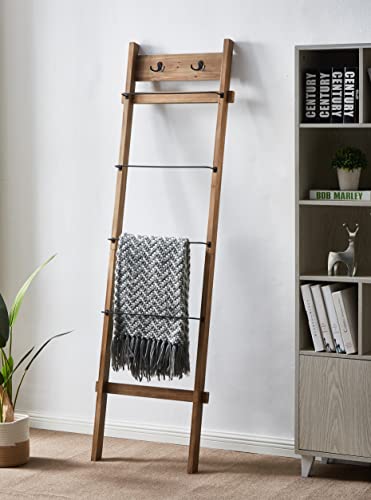 iltokk Wooden Blanket Ladder: 6ft Wall Leaning Blanket Ladder, Rustic Decorative Quilt Ladder, 4-Tier Farmhouse Blanket Ladder with 2 Hanging Hooks, for Bedroom, Brown