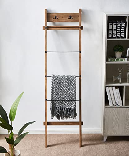 iltokk Wooden Blanket Ladder: 6ft Wall Leaning Blanket Ladder, Rustic Decorative Quilt Ladder, 4-Tier Farmhouse Blanket Ladder with 2 Hanging Hooks, for Bedroom, Brown