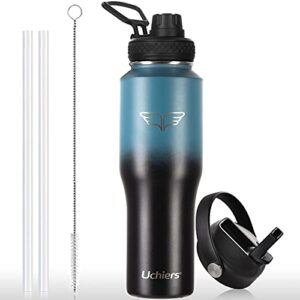 uchiers 32oz tumbler with handle stainless steel water bottle fit car cup holder, vacuum double wall flask with straw lid, spout lid, keep cold for 24 hrs, hot for 12 hrs(blue/black)