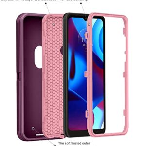 Qinmay Moto G Pure Case with Screen Protector (2 Pcs), WineRed Pink Heavy Duty Shockproof TPU+PC Protection