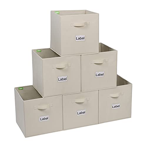 KEEGH Fabric Storage Cubes 13 x 13 Foldable Cube Storage Bins for Shelves Collapsible Cubby Storage Boxes with Labels, Set of 6（Beige）