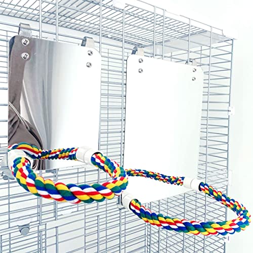 YITAQI Conure Cockatiel Cage Accessories with Rope Acrylic Brid Mirror Perch Stand Swing Parrot Toys(L)