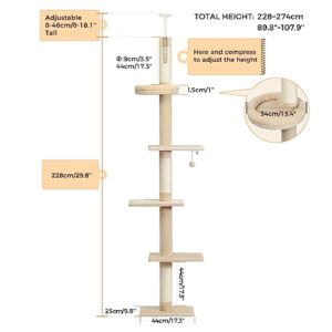 PETEPELA Cat Tower 5-Tier Floor to Ceiling Cat Tree Height(95-107 Inches) Adjustable, Tall, Climbing Tree Featuring with Scratching Post, Cozy Bed,Interactive Ball Toy for Indoor Cats/Kitten Beige