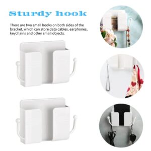 Grafken 4Pcs Wall Mount Phone Holder with Hooks,3M Adhesive Mobile Phone Charging Stand Holders, Remote Control Storage Box for Bedroom, Kitchen, Bathroom, Office and More (White)