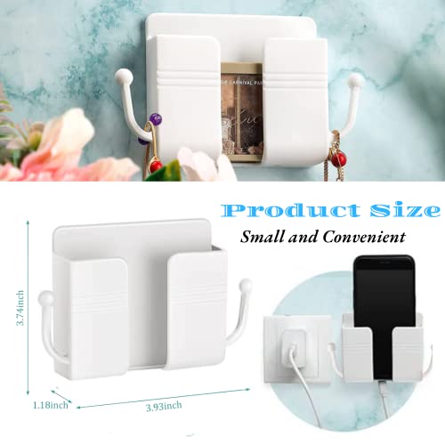 Grafken 4Pcs Wall Mount Phone Holder with Hooks,3M Adhesive Mobile Phone Charging Stand Holders, Remote Control Storage Box for Bedroom, Kitchen, Bathroom, Office and More (White)