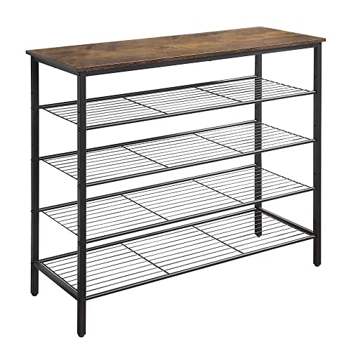 HQXING 5-Tier Shoe Rack Organizer, Metal Mesh Shoe Storage Shelf, for Entryway, Hallway, Closet, Dorm Room, Industrial, Rustic Brown