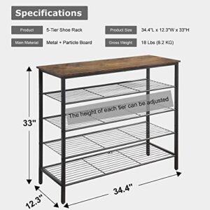 HQXING 5-Tier Shoe Rack Organizer, Metal Mesh Shoe Storage Shelf, for Entryway, Hallway, Closet, Dorm Room, Industrial, Rustic Brown