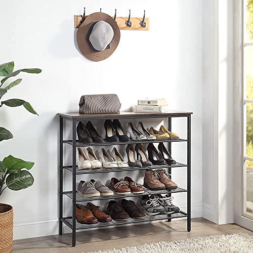 HQXING 5-Tier Shoe Rack Organizer, Metal Mesh Shoe Storage Shelf, for Entryway, Hallway, Closet, Dorm Room, Industrial, Rustic Brown