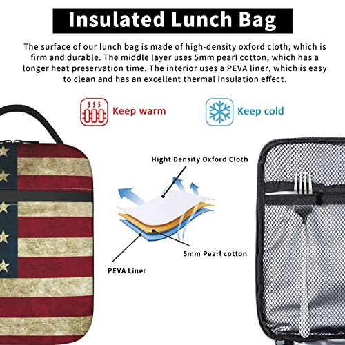 Hcokrzt Lunch Box Reusable Insulation Lunch Bag Usa American Flag Ice Packs Containers Tote Handbag For Women Men Teens Girls