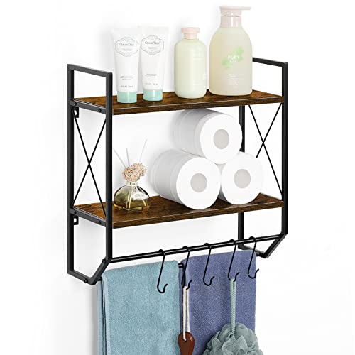 Towel Rack Wall Mounted Bathroom Shelf with Towel Bar 2 Tier Farmhouse Towel Rack Shelf Wooden Floating Shelf with Hooks for Bathroom Kitchen Living Room (Brown)