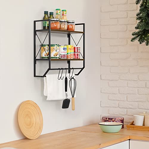 Towel Rack Wall Mounted Bathroom Shelf with Towel Bar 2 Tier Farmhouse Towel Rack Shelf Wooden Floating Shelf with Hooks for Bathroom Kitchen Living Room (Brown)