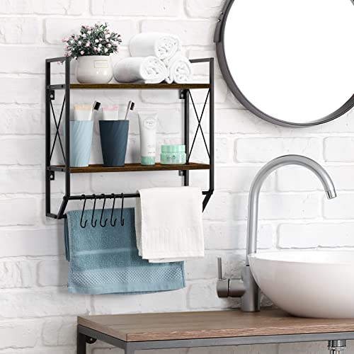 Towel Rack Wall Mounted Bathroom Shelf with Towel Bar 2 Tier Farmhouse Towel Rack Shelf Wooden Floating Shelf with Hooks for Bathroom Kitchen Living Room (Brown)