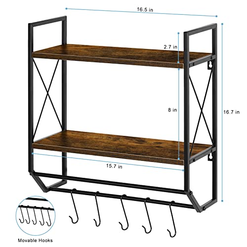 Towel Rack Wall Mounted Bathroom Shelf with Towel Bar 2 Tier Farmhouse Towel Rack Shelf Wooden Floating Shelf with Hooks for Bathroom Kitchen Living Room (Brown)