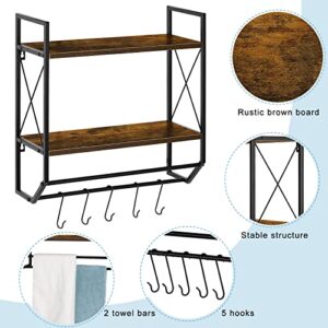 Towel Rack Wall Mounted Bathroom Shelf with Towel Bar 2 Tier Farmhouse Towel Rack Shelf Wooden Floating Shelf with Hooks for Bathroom Kitchen Living Room (Brown)