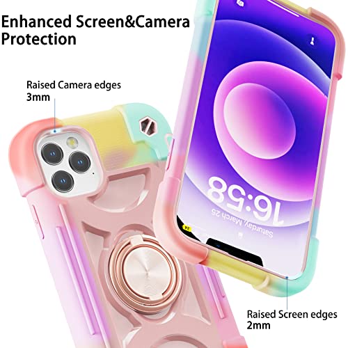 MARKILL Compatible with iPhone 12/12 Pro Case 6.1 Inch with 360 Degree Rotate Ring Stand, Military Grade Drop Protection Rugged Heavy Duty Case 3 in 1 Protective Durable Cover (Rainbow Pink)