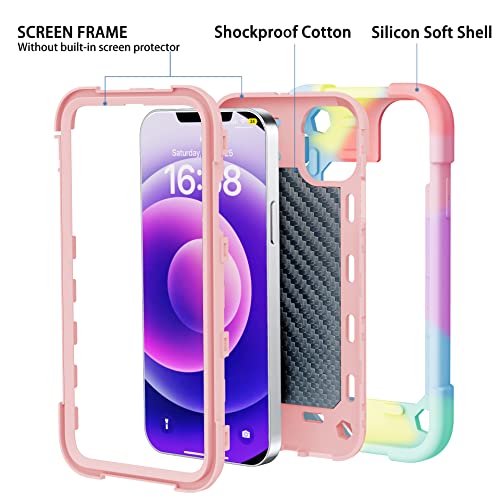 MARKILL Compatible with iPhone 12/12 Pro Case 6.1 Inch with 360 Degree Rotate Ring Stand, Military Grade Drop Protection Rugged Heavy Duty Case 3 in 1 Protective Durable Cover (Rainbow Pink)