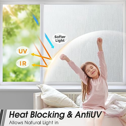 Window Privacy Film Bathroom Frosted Glass Window Film Static Cling Raindrops Door Window Coverings Anti UV Sun Heat Blocking Home Tint Removable Summer Frosting Sticker (Silver Silk, 35.4 x 118.1 In)