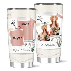 aizelmae personalized coffee tumbler, customized name text, lovely flower photo picture frame tumblers, design your own travel mugs, gifts for women men on birthday, 20 30 oz stainless mug cup