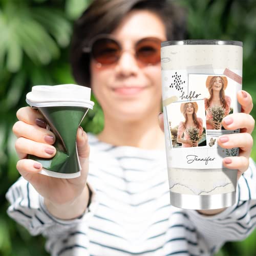 AizelMae Personalized Coffee Tumbler, Customized Name Text, Lovely Flower Photo Picture Frame Tumblers, Design Your Own Travel Mugs, Gifts For Women Men On Birthday, 20 30 Oz Stainless Mug Cup