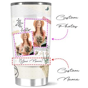 AizelMae Personalized Coffee Tumbler, Customized Name Text, Lovely Flower Photo Picture Frame Tumblers, Design Your Own Travel Mugs, Gifts For Women Men On Birthday, 20 30 Oz Stainless Mug Cup