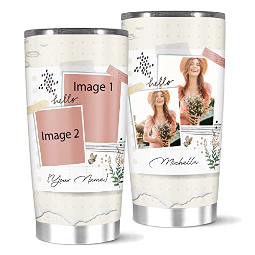 AizelMae Personalized Coffee Tumbler, Customized Name Text, Lovely Flower Photo Picture Frame Tumblers, Design Your Own Travel Mugs, Gifts For Women Men On Birthday, 20 30 Oz Stainless Mug Cup