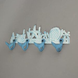 Zeckos Blue and White Cast Iron Whale Tail Decorative Wall Hook Nautical Décor Sea Life Hanging Rack -15.5 Inches Long - Easy Install - Add Coastal Charm to Your Space