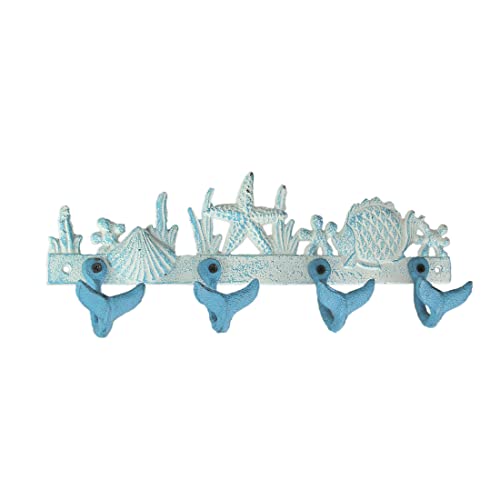 Zeckos Blue and White Cast Iron Whale Tail Decorative Wall Hook Nautical Décor Sea Life Hanging Rack -15.5 Inches Long - Easy Install - Add Coastal Charm to Your Space