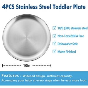 HaWare 4-Piece 18/8 Stainless Steel Plates, Metal 304 Dinner Dishes for Kids Toddlers Children, 10 Inches Feeding Serving Camping Plates, Reusable and Dishwasher Safe