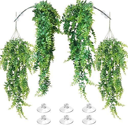 Allazone 4 Pack Reptile Plants Hanging Fake Vines, Artificial Leaves Climbing Terrarium Plant with Suction Cup for Bearded Dragons Lizards Geckos Snake Pets Hermit Crab and Tank Habitat Decorations