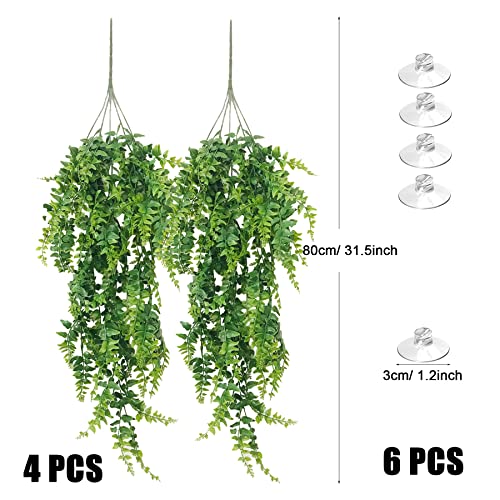 Allazone 4 Pack Reptile Plants Hanging Fake Vines, Artificial Leaves Climbing Terrarium Plant with Suction Cup for Bearded Dragons Lizards Geckos Snake Pets Hermit Crab and Tank Habitat Decorations