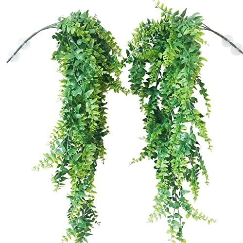 Allazone 2 Pack Reptile Plants Hanging Fake Vines, Artificial Leaves Climbing Terrarium Plant with Suction Cup for Bearded Dragons Lizards Geckos Snake Pets Hermit Crab and Tank Habitat Decorations